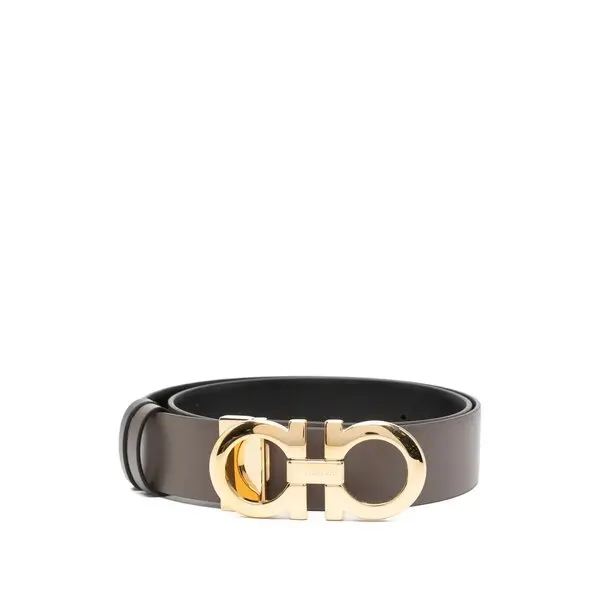 FERRAGAMO Gancini Buckle Leather Belt - Gray