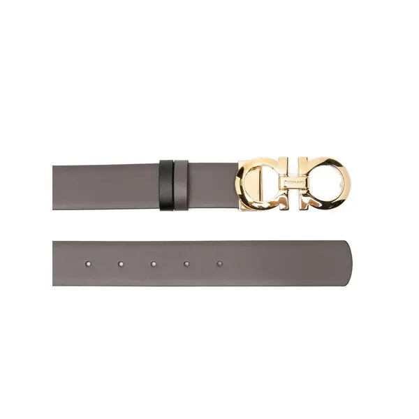 FERRAGAMO Gancini Buckle Leather Belt - Gray