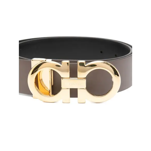 FERRAGAMO Gancini Buckle Leather Belt - Gray
