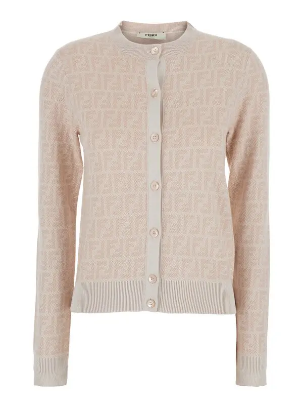 Fendi Wool Crew Neck Cardigan With All-over Ff Motif - Multicolor