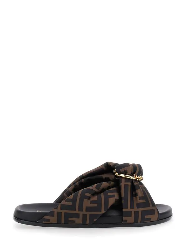 Fendi Brown Ff Motif Tech Fabric Slide Sandals - Multicolor