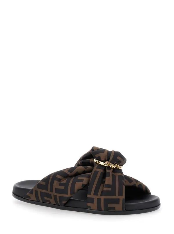 Fendi Brown Ff Motif Tech Fabric Slide Sandals - Multicolor