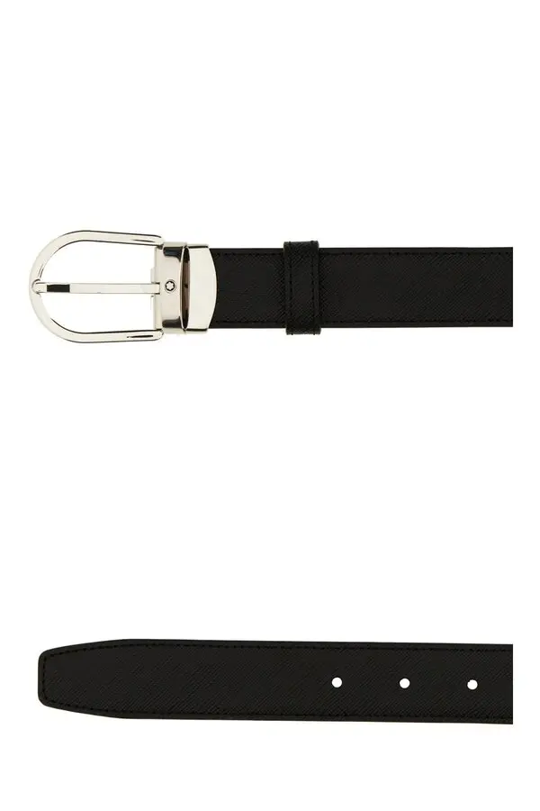 Montblanc Black Saffiano Leather Belt With Silver Tone Buckle