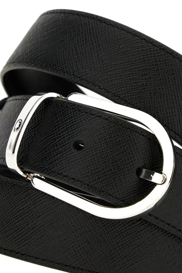 Montblanc Black Saffiano Leather Belt With Silver Tone Buckle