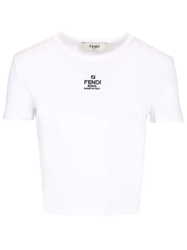 Fendi Ribbed Cropped Top With Logo Detail - White