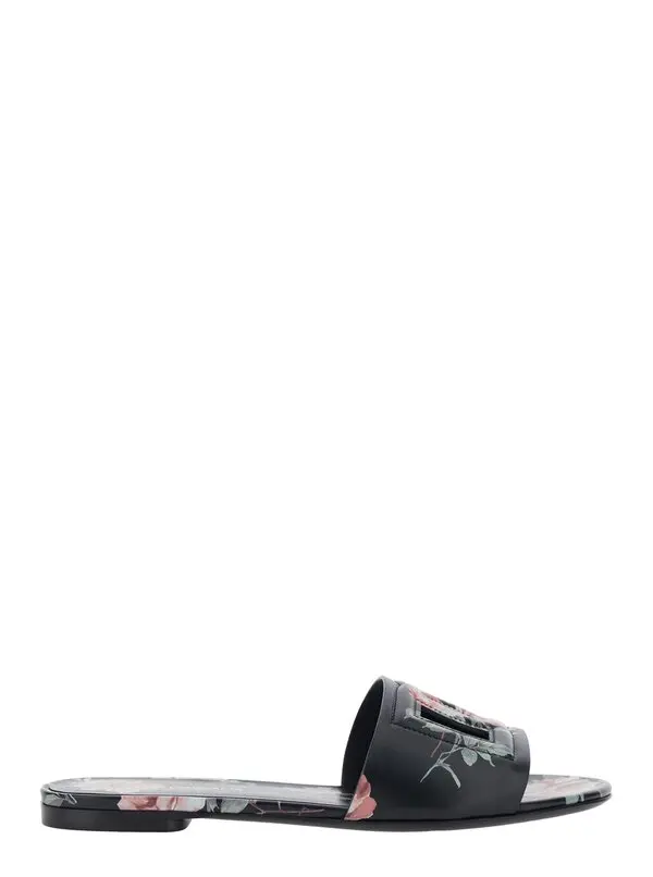 Dolce & Gabbana Leather Slide Sandals With Floral Motif And Cut Out Dg Logo - Black