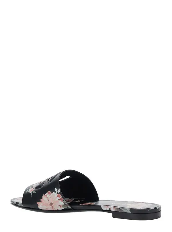 Dolce & Gabbana Leather Slide Sandals With Floral Motif And Cut Out Dg Logo - Black