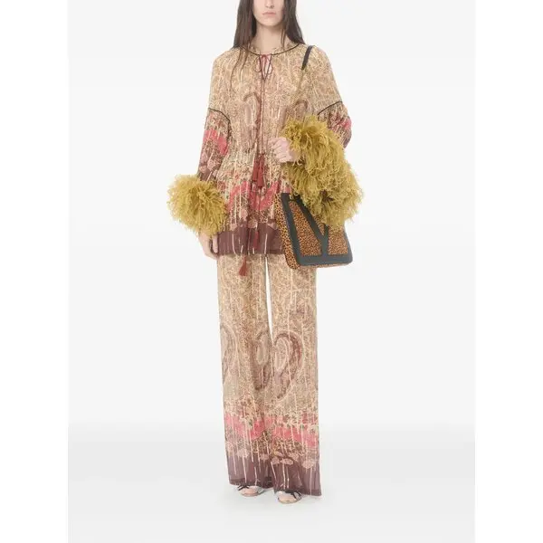 Valentino Garavani Silk Blend Paisley Print Blouse With Feather Trim - Cream