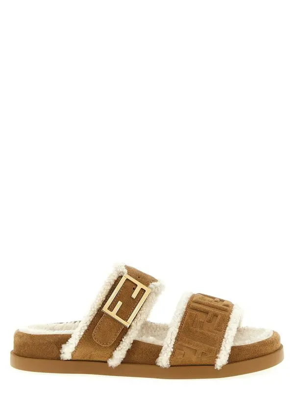 Fendi Feel" Sheepskin Sandals With Ff Motif - Cream