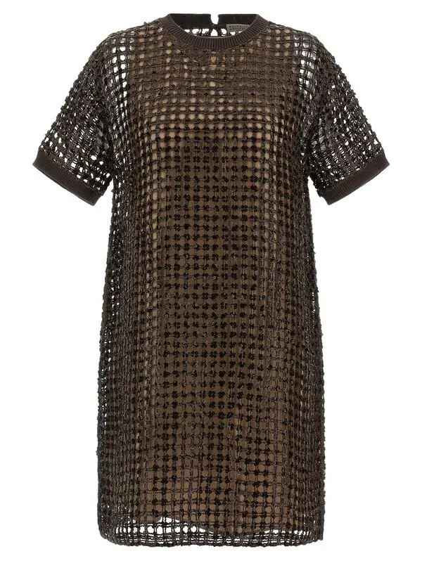 Brunello Cucinelli Sequin Mesh Mini Dress - Brown