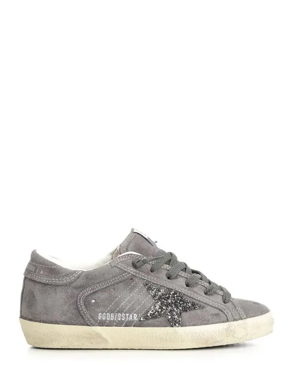 GOLDEN GOOSE Super-star Distressed Leather Sneakers With Glitter Star Appliqués