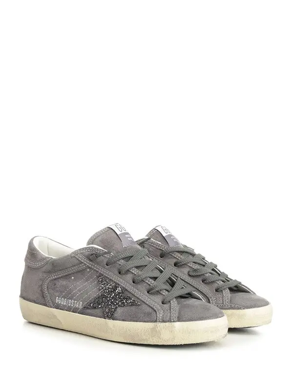 GOLDEN GOOSE Super-star Distressed Leather Sneakers With Glitter Star Appliqués