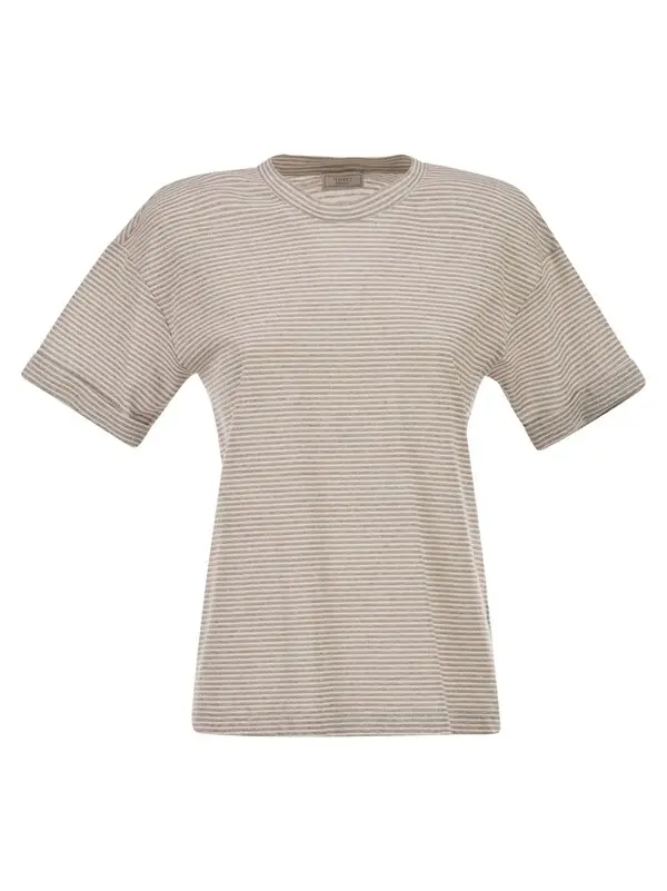 Peserico Striped Linen And Cotton T-shirt With Luminous Yarns - Cream
