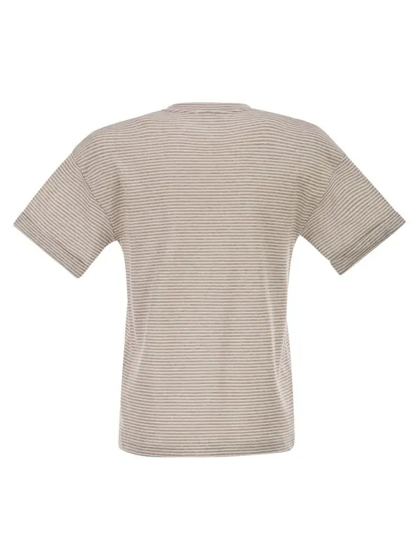 Peserico Striped Linen And Cotton T-shirt With Luminous Yarns - Cream