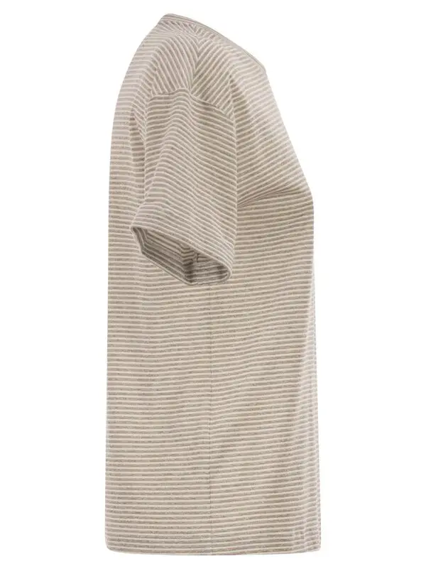 Peserico Striped Linen And Cotton T-shirt With Luminous Yarns - Cream