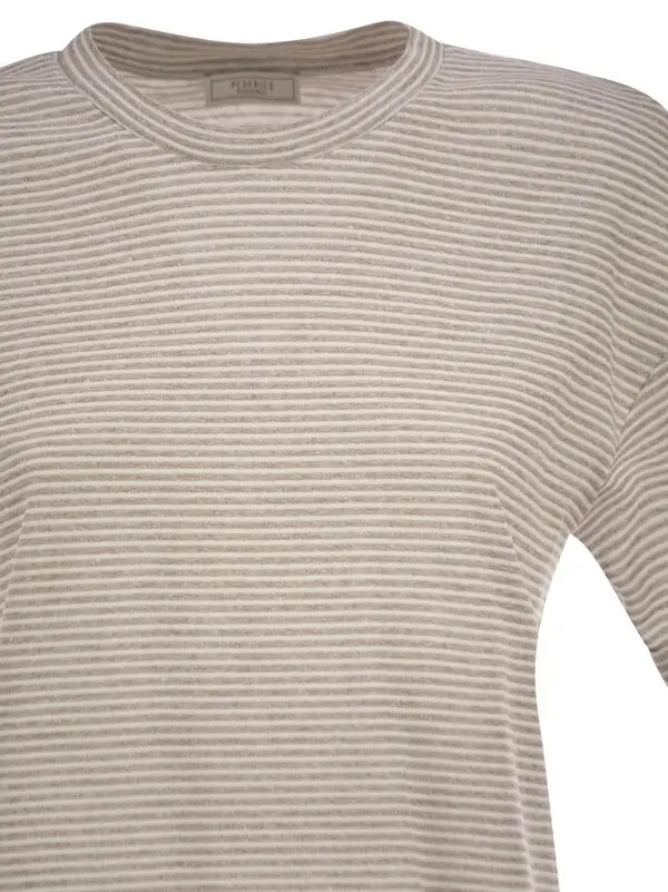 Peserico Striped Linen And Cotton T-shirt With Luminous Yarns - Cream