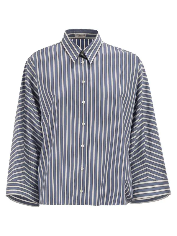 Brunello Cucinelli Vertical Striped Cotton Shirt - Blue