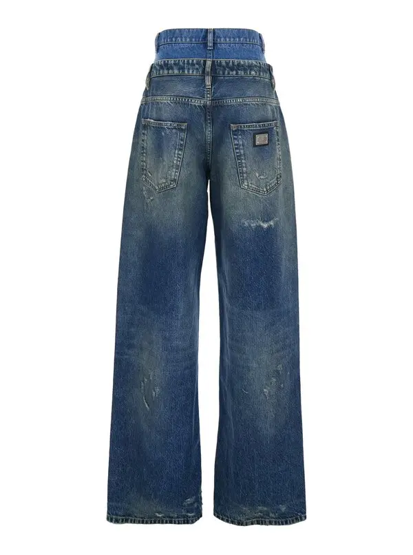 Dolce & Gabbana Blue Denim Relaxed Fit Layered Jeans With Distressed And Ripped Effect - Multicolor
