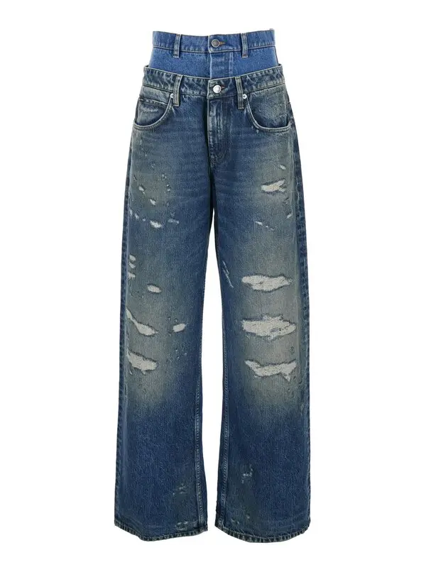 Dolce & Gabbana Blue Denim Relaxed Fit Layered Jeans With Distressed And Ripped Effect - Multicolor