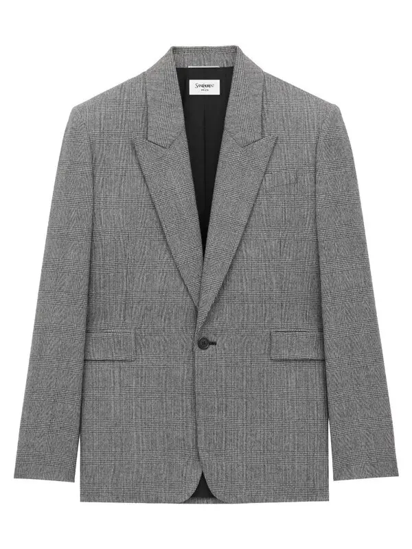 Saint Laurent Prince Of Wales Wool Flannel Blazer - Black