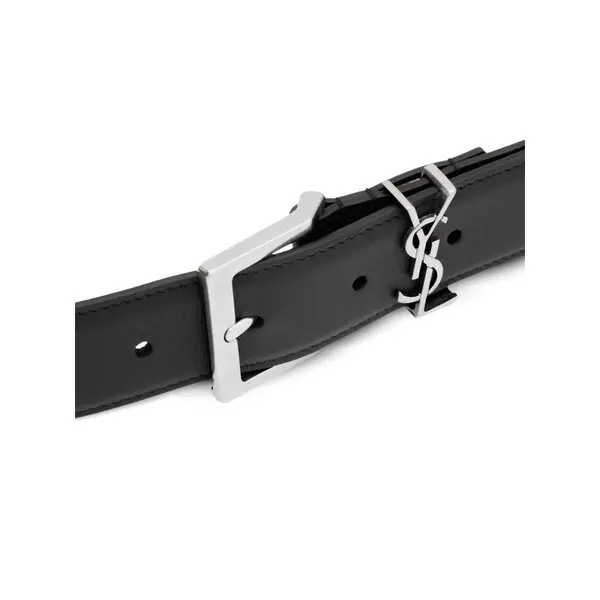 Saint Laurent Calf Leather Belt With Silver-tone Logo Plaque