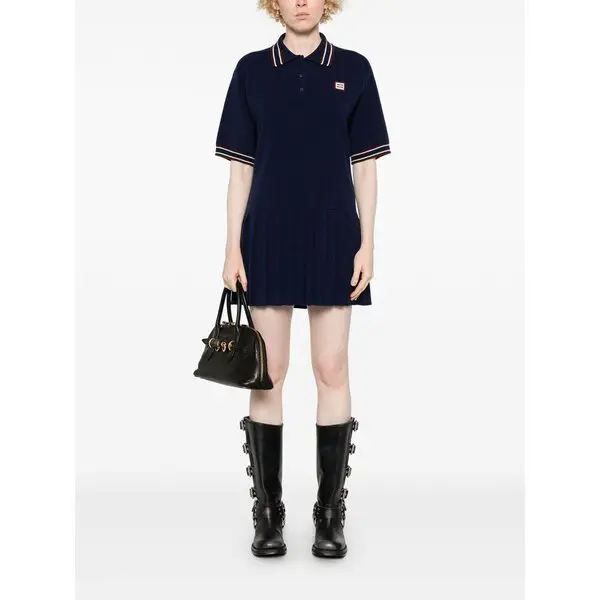 Miu Miu Navy Cashmere And Virgin Wool Pleated Polo Dress