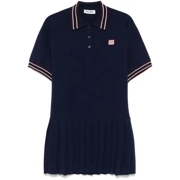 Miu Miu Navy Cashmere And Virgin Wool Pleated Polo Dress - Blue