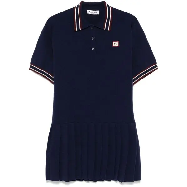 Miu Miu Navy Cashmere And Virgin Wool Pleated Polo Dress - Blue