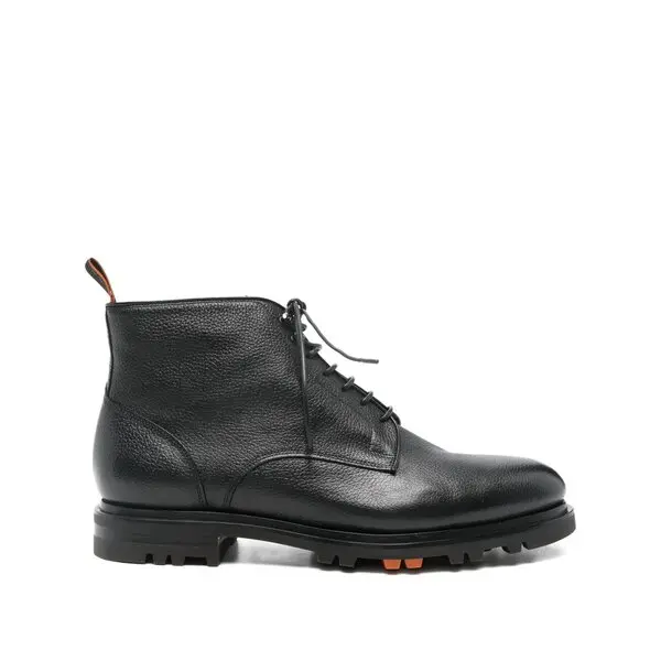 Santoni Black Grained Leather Lace-up Boots
