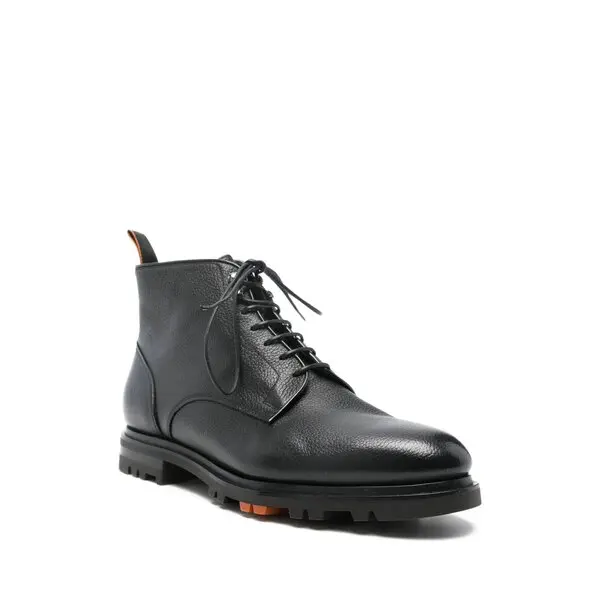 Santoni Black Grained Leather Lace-up Boots