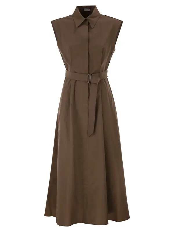 Brunello Cucinelli Long Sleeveless Cotton Dress With Belt - Brown