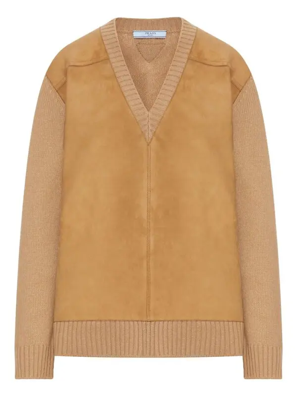 Prada Suede-panel V-neck Wool Sweater - Multicolor