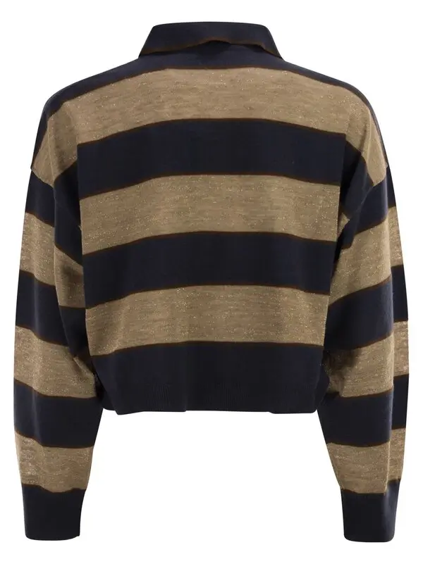Brunello Cucinelli Striped Cropped Polo Shirt In Virgin Wool, Cashmere, And Linen Blend - Multicolor
