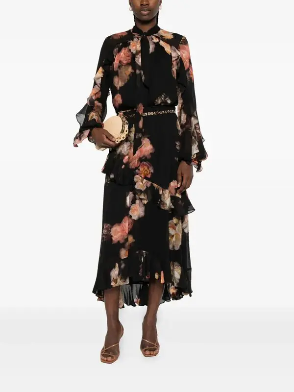 Zimmermann Asymmetrical Floral Print Midi Skirt - Black