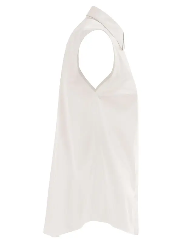 Brunello Cucinelli Sleeveless Shirt With Shiny Trim In Stretch Cotton Poplin - White