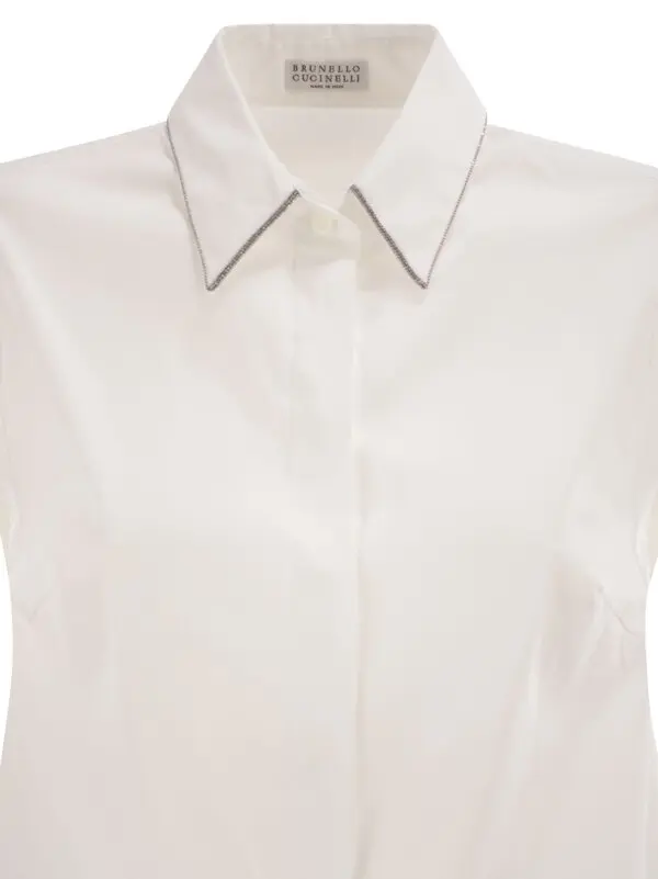 Brunello Cucinelli Sleeveless Shirt With Shiny Trim In Stretch Cotton Poplin - White