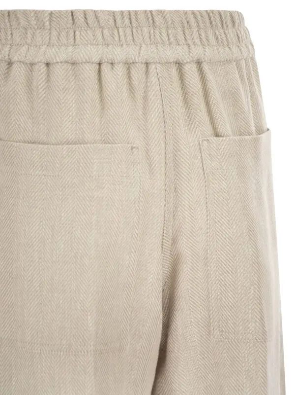 Brunello Cucinelli Loose Track Trousers In Chevron Linen And Cotton - Multicolor