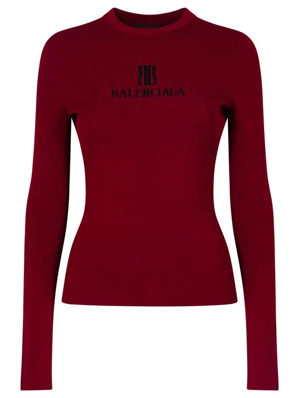 Balenciaga Ribbed Crewneck Long-sleeved Fitted Top - Red