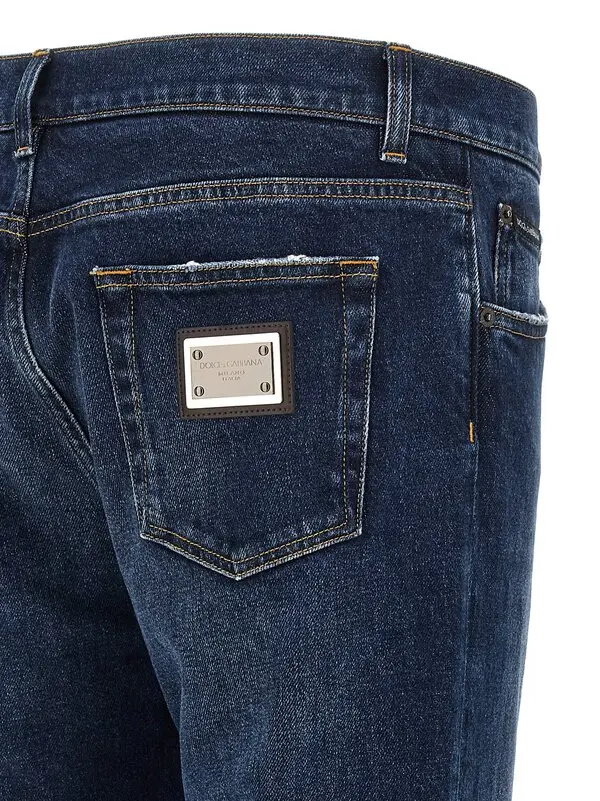 Dolce & Gabbana Slim Fit Jeans With Logo Plaque - Blue