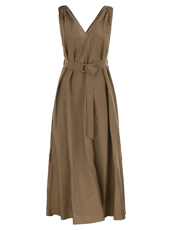 Brunello Cucinelli Techno Cotton Poplin Dress With Belt And Embellished Shoulders - Brown