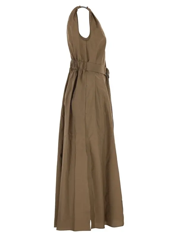 Brunello Cucinelli Techno Cotton Poplin Dress With Belt And Embellished Shoulders - Brown