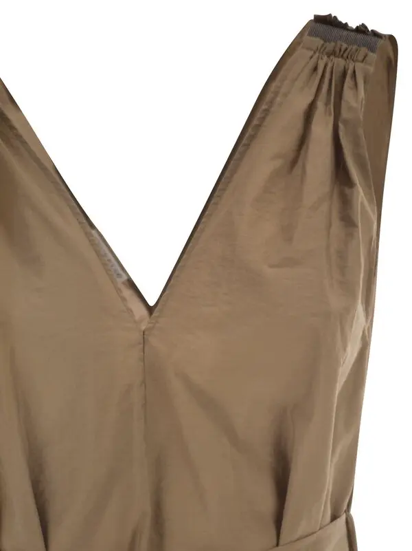 Brunello Cucinelli Techno Cotton Poplin Dress With Belt And Embellished Shoulders - Brown