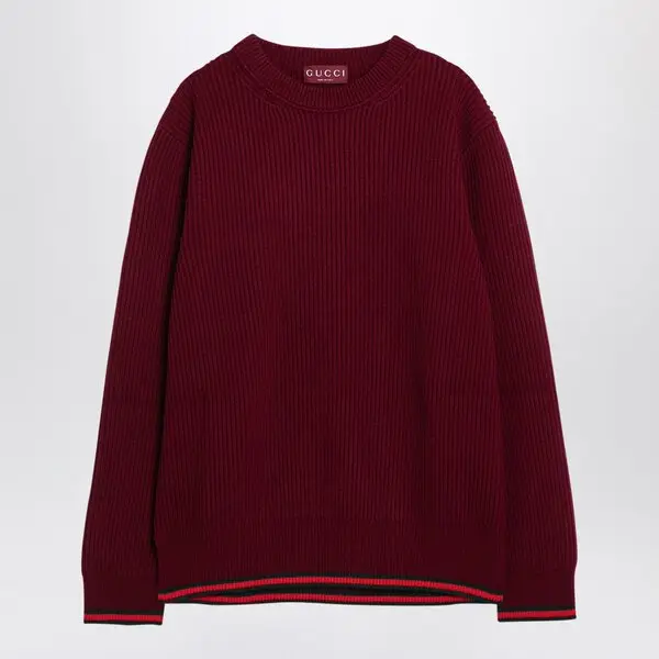 Gucci Burgundy Wool & Cashmere Crew Neck Jumper With Web Ribbon Detail