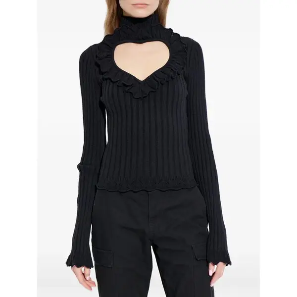 Balenciaga Ribbed Knit High Neck Long Sleeve Top With Ruffled Trim