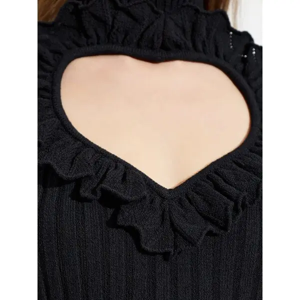 Balenciaga Ribbed Knit High Neck Long Sleeve Top With Ruffled Trim