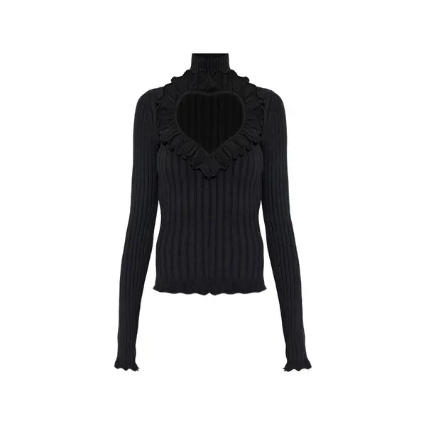 Balenciaga Ribbed Knit High Neck Long Sleeve Top With Ruffled Trim - Black