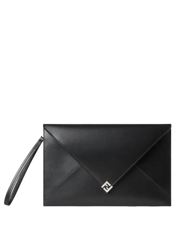 Fendi Large Ff Squared Leather Flat Pouch - Black