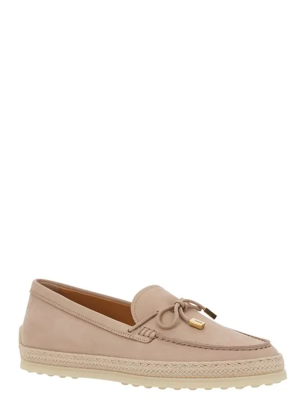 TOD'S Pink Leather Loafers With Bow Detail And Rope Trim - Multicolor