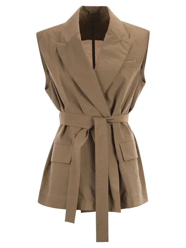 Brunello Cucinelli Techno Cotton Poplin Waistcoat With Belt And Pendant - Brown