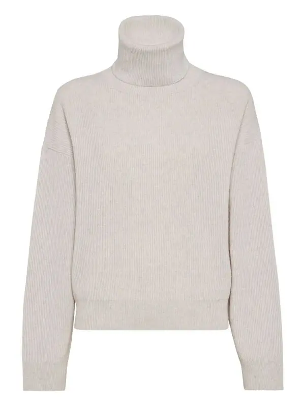 Brunello Cucinelli Cashmere Blend English Ribbed Turtleneck Sweater - Gray